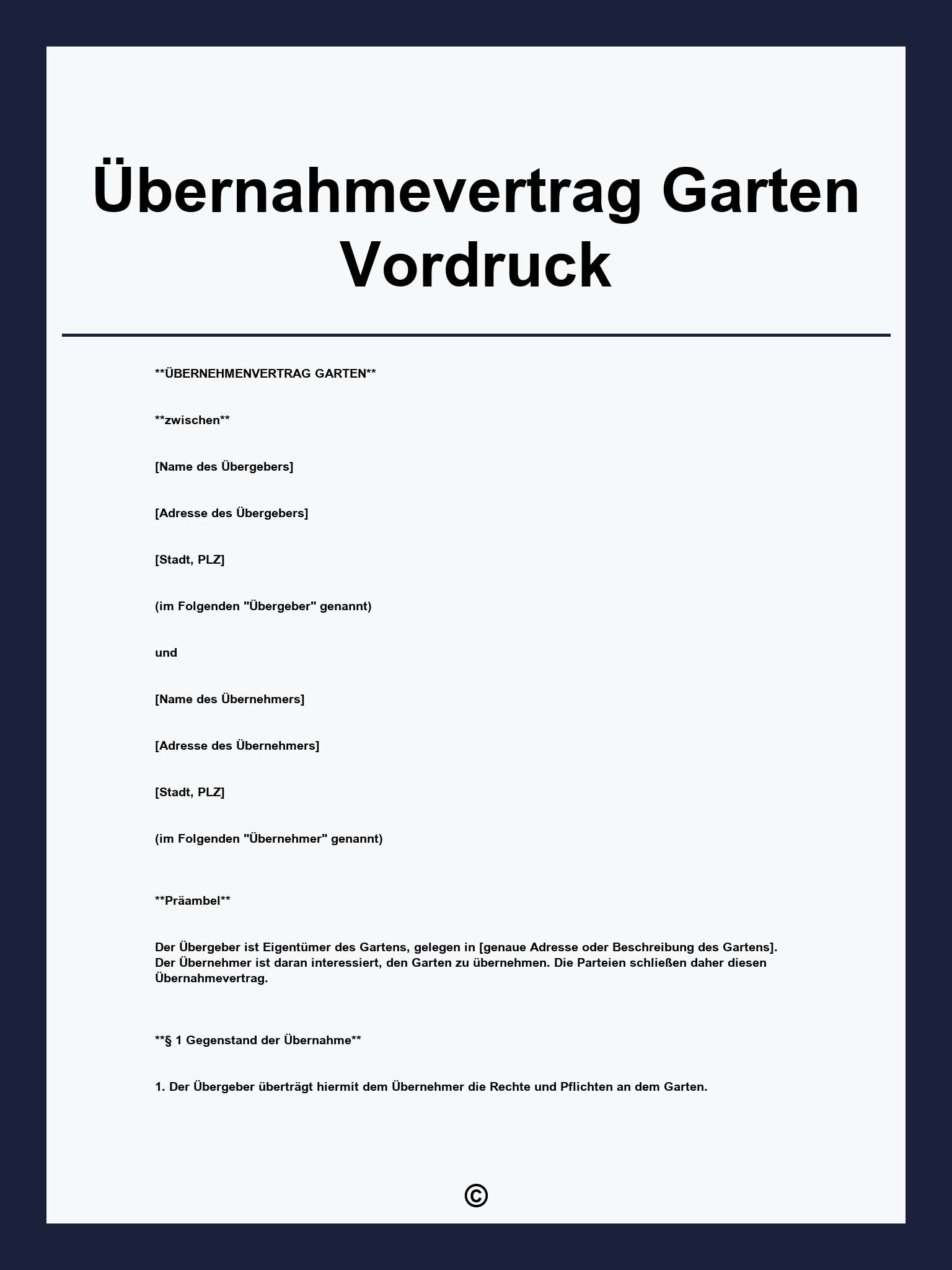 Übernahmevertrag Garten Vordruck